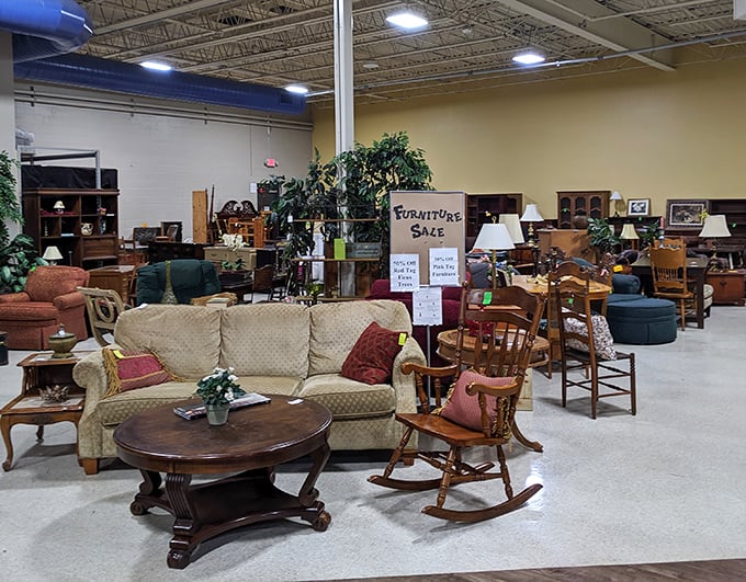 The furniture section—where solid wood pieces with "character" (that's thrift-speak for "minor scratches") await their second act in your living room.