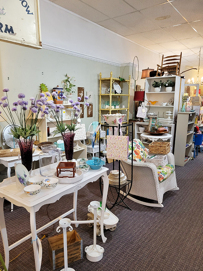 White furniture and purple flowers create a shabby-chic dreamscape. Even minimalists suddenly find themselves wanting that perfect rocking chair.