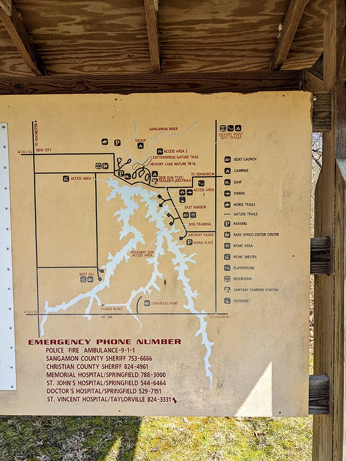 The Y-shaped lake revealed in all its cartographic glory. This weathered map has guided countless adventures—think of it as GPS from simpler times.