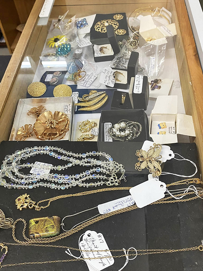 Glittering possibilities await in these display cases—vintage brooches and necklaces that whisper tales of special occasions from decades past.