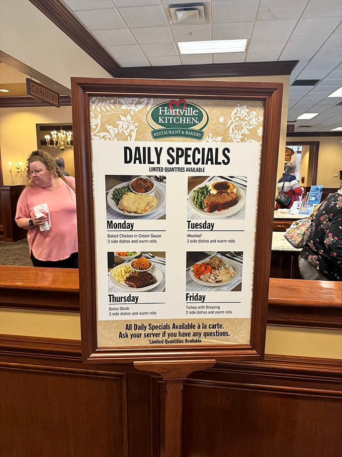 The daily specials board at Hartville Kitchen reads like a love letter to Midwestern comfort food. Tuesday's meatloaf might change your life.