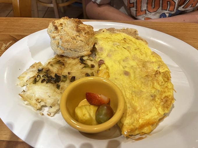 An omelet that refuses to be ordinary, accompanied by a biscuit that clearly didn't come from any tube in the refrigerator section.