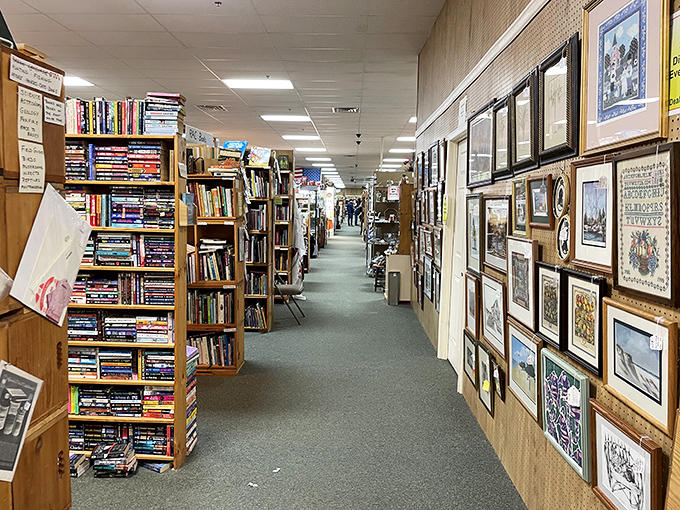 Books and artwork line this corridor of culture—a reminder that before Netflix, people decorated their walls with actual art.