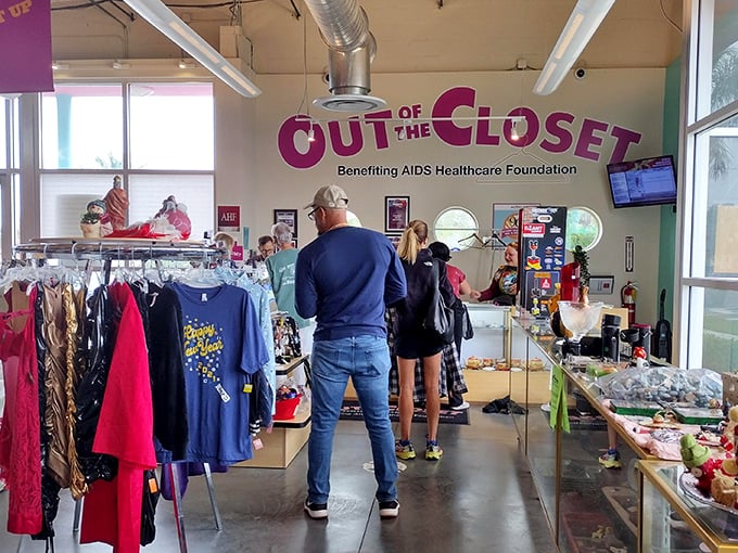 The store's mission is proudly displayed above the checkout counter. Shopping here isn't just retail therapy—it's supporting healthcare services with every purchase.