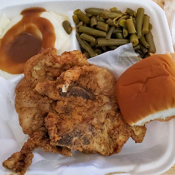A pork chop that could make a vegetarian weep, served with green beans that grandma would approve of.