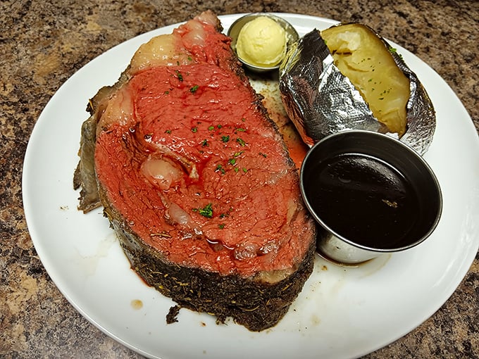 Prime rib so perfectly pink it should have its own Instagram account. That butter-soft texture is what food dreams are made of.