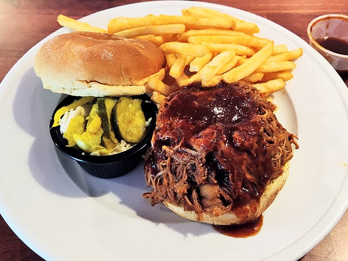 BBQ pulled pork that doesn't need a passport to transport you straight to Carolina. Those pickles on the side? The perfect tangy counterpoint.