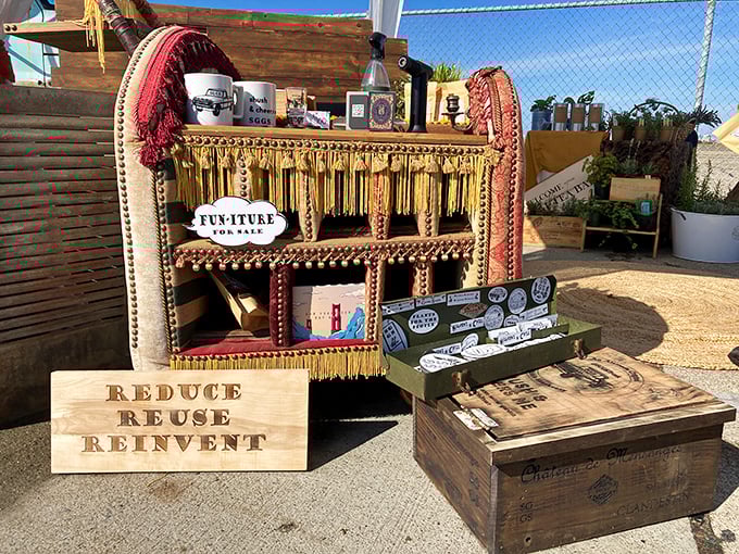 Reduce, Reuse, Reinvent isn't just a slogan here—it's a philosophy displayed in every lovingly repurposed piece of furniture and decorative item.