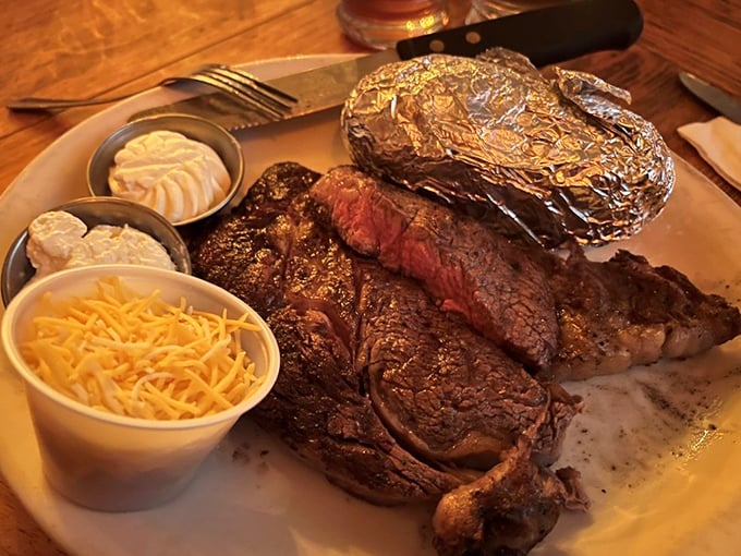 A T-bone steak that's practically prehistoric in size, accompanied by sides that know their supporting role in this meaty blockbuster.