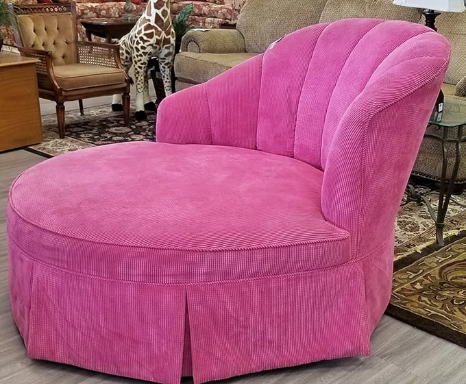 The pink throne awaits! This plush corduroy chaise lounge isn't just furniture—it's an attitude, a statement, a place to dramatically recline while reading texts.