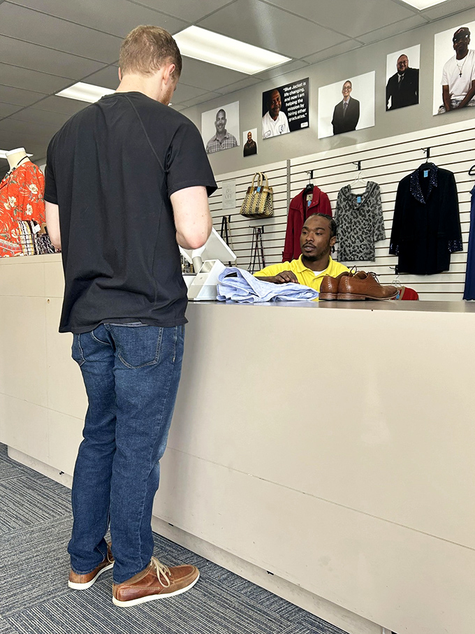 The checkout experience at Blue Jacket goes beyond transaction—it's where bargains become official and thrifting victories are celebrated.