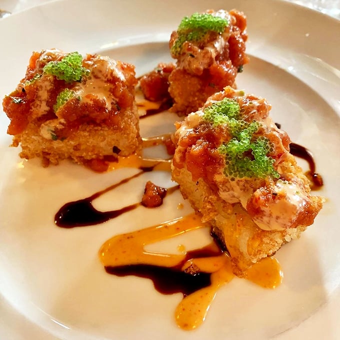 These crispy rice bites deliver flavor explosions with each bite—proof that sometimes the most memorable culinary experiences come in packages small enough to balance on chopsticks.