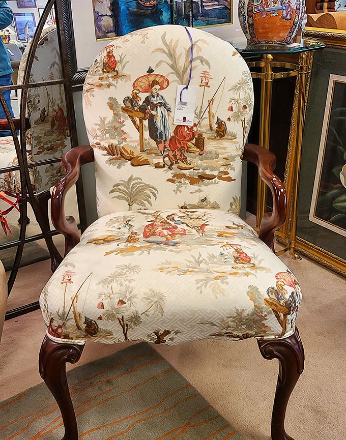 This chair isn't just furniture—it's wearable art. The intricate scene tells stories while supporting your afternoon tea habit.