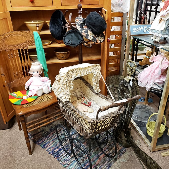 This vintage wicker baby carriage isn't just furniture – it's a vessel of nostalgia that has rocked generations of little dreamers to sleep. 
