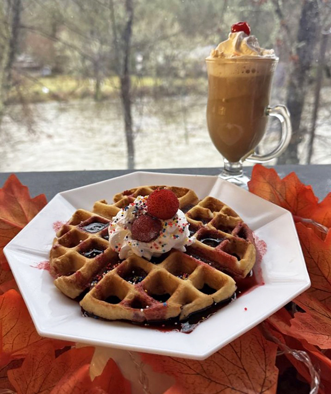 Waffles that dress for the occasion, complete with berry coulis, whipped cream, and sprinkles. The coffee looks equally ready for its close-up.