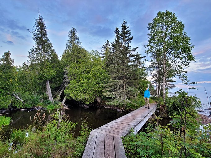 This humble wooden bridge connects more than just shorelines—it connects modern visitors to a wilderness experience increasingly rare in our digital world.