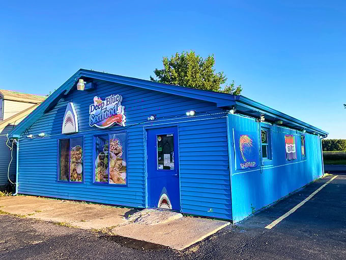 Deep Blue Seafood's building is as blue as the ocean depths where their delicious catches begin their journey.
