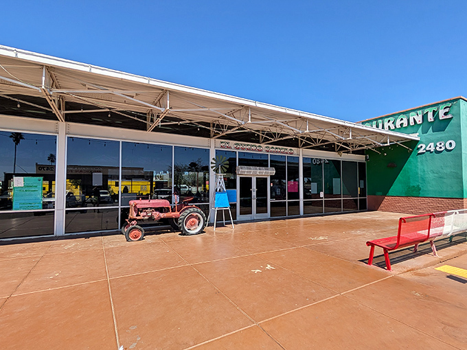 El Güero Canelo's modern storefront with its vintage tractor mascot bridges old and new. Inside, burrito traditions are honored with every bite.
