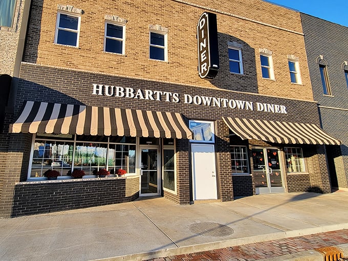 Hubbartt's Downtown Diner's classic awnings and brick facade – small-town charm with big breakfast energy.