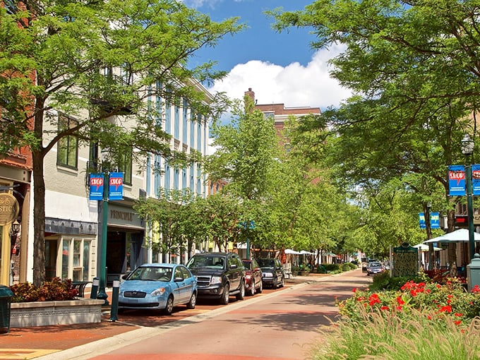 Kalamazoo's downtown features a nostalgic baseball mural that celebrates the city's sporting history alongside trendy shops.