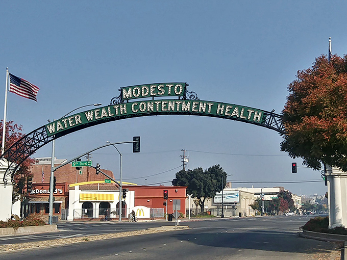 Modesto's iconic arch welcomes visitors with its timeless motto, a gateway to affordable Central Valley living.