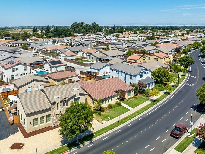 From this bird's-eye view, Oakdale's peaceful neighborhoods spread out like a patchwork quilt of affordability by the Delta.