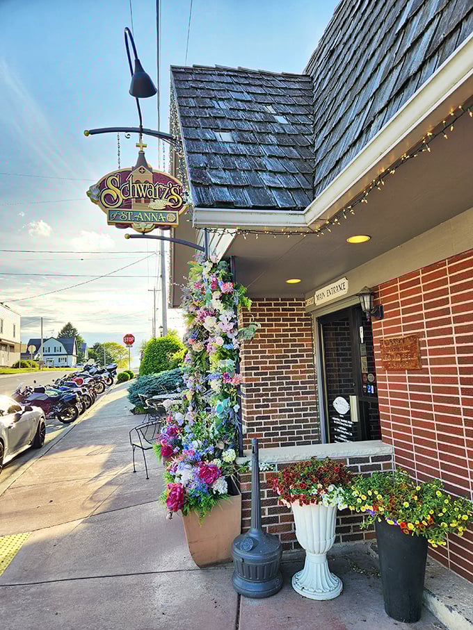Schwarz's flower-adorned entrance promises a warm welcome. Small-town charm with big-time flavor.