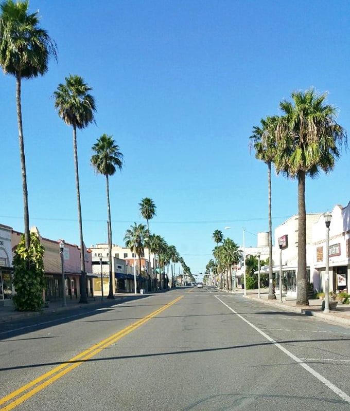 Weslaco's palm-lined main street beckons with the promise of shade and shopping—a tropical Main Street USA.