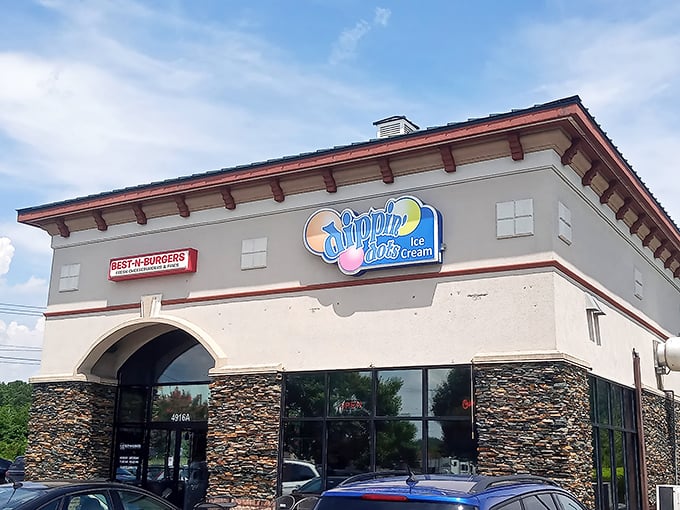 Two signs, one delicious purpose. Best-N-Burgers shares space with Dippin' Dots—a perfect one-stop comfort food destination.