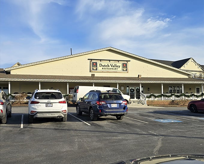 The Dutch Valley Restaurant stands proudly against a blue Ohio sky, a temple dedicated to the art of comfort food.