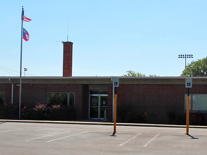Euharlee's town entrance greets visitors with open road vibes – where main street and adventure begin with equal promise.