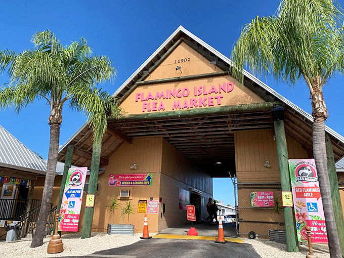 Palm trees frame this shopper's paradise – Florida vibes and bargain finds at Bonita Springs' colorful market.