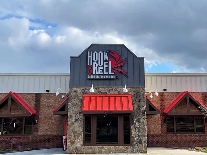 That red awning isn't just for show – it's warning you about the spicy Cajun seafood boils inside.