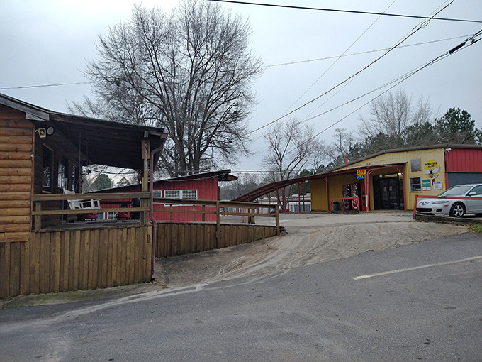 Winter trees frame J&J's rustic buildings—a reminder that treasure hunting is a year-round passion for dedicated Georgia bargain seekers.