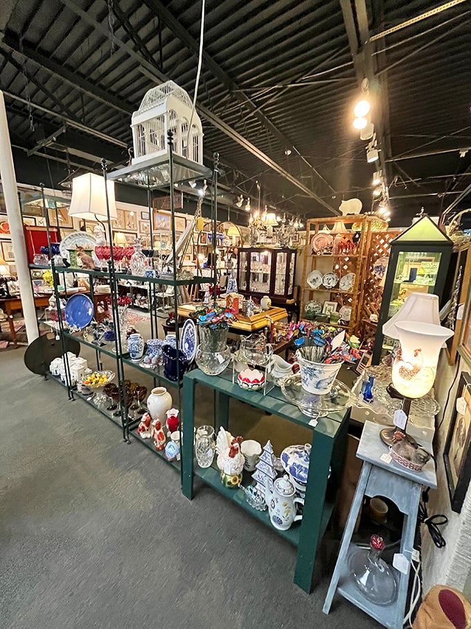 Sunlight plays through iron gates at Lewes Mercantile, where antiques aren't just sold—they're showcased like the treasures they are.
