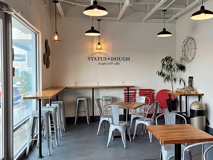 Modern minimalism meets maximum flavor. These metal chairs invite you to settle in and contemplate the deeper meaning of perfect pastry.