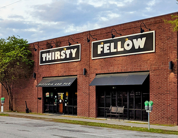 The black awnings add a touch of sophistication, but inside it's all about comfort—pizza and pints in perfect Columbia harmony.
