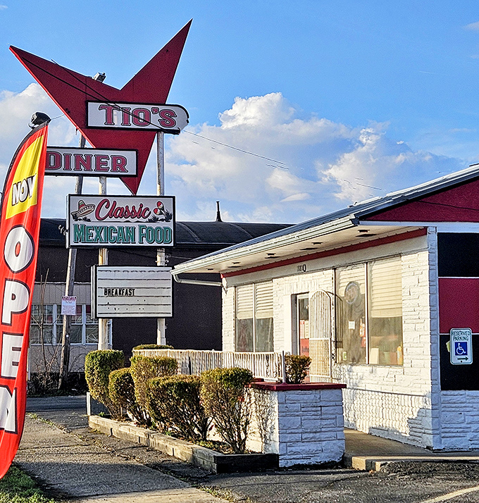 Where breakfast burritos meet Ohio mornings—that vintage sign has been pointing to happiness since before Instagram existed.