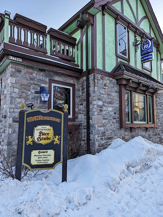Snow banks frame Von Rothenburg Bier Stube like powdered sugar on a perfect strudel. Winter in Wisconsin was made for German comfort food!