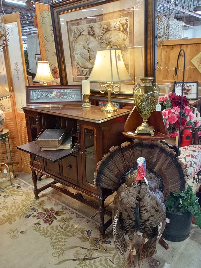 Time stands still among these treasures. That vintage desk with brass lamp and decorative turkey might be the quirkiest corner in all of Ohio.