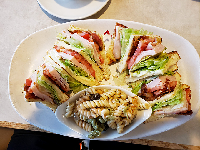 The club sandwich—architecture you can eat. Perfectly triangled, strategically stacked, and surrounded by pasta salad reinforcements.