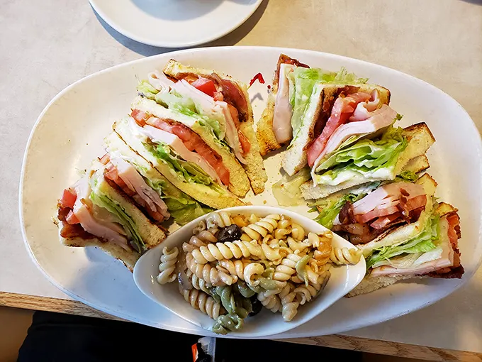 The club sandwich—architecture you can eat. Perfectly triangled, strategically stacked, and surrounded by pasta salad reinforcements.