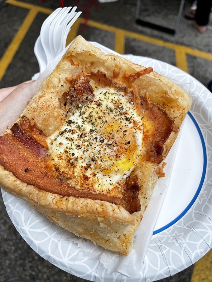 Not all heroes wear capes – some come in pastry form with a perfectly cooked egg and bacon. Breakfast revolutionized.