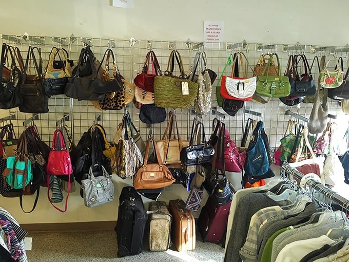 Handbag heaven for the accessory aficionado. Each purse once carried someone's essentials—and perhaps a few secrets—before landing on this wall of possibilities.