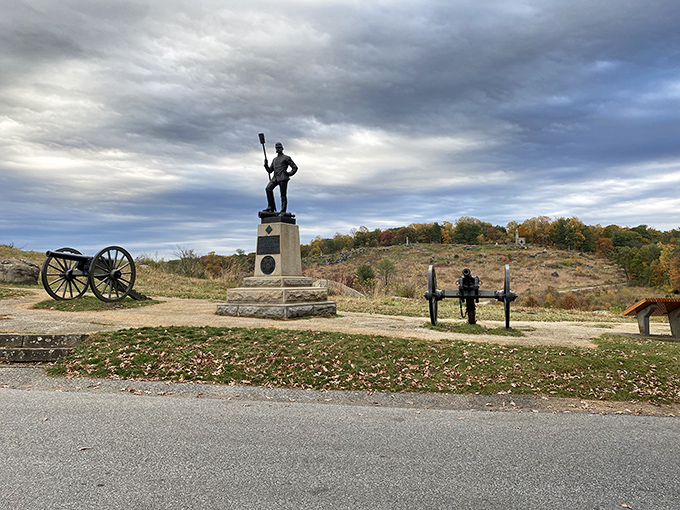 Artillery pieces mark positions where cannons once roared across these fields. The silence now is as profound as the noise must have been then.