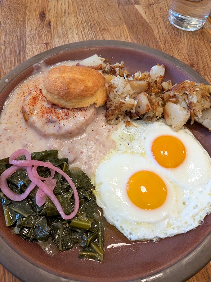 Fluffy biscuits drowning in sausage gravy alongside perfectly fried eggs – Southern comfort meets California cool in every bite.