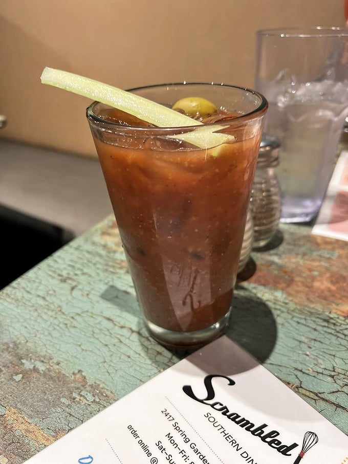 A Bloody Mary that's practically a meal unto itself—spicy, savory, and garnished with enough vegetables to count as your morning salad.