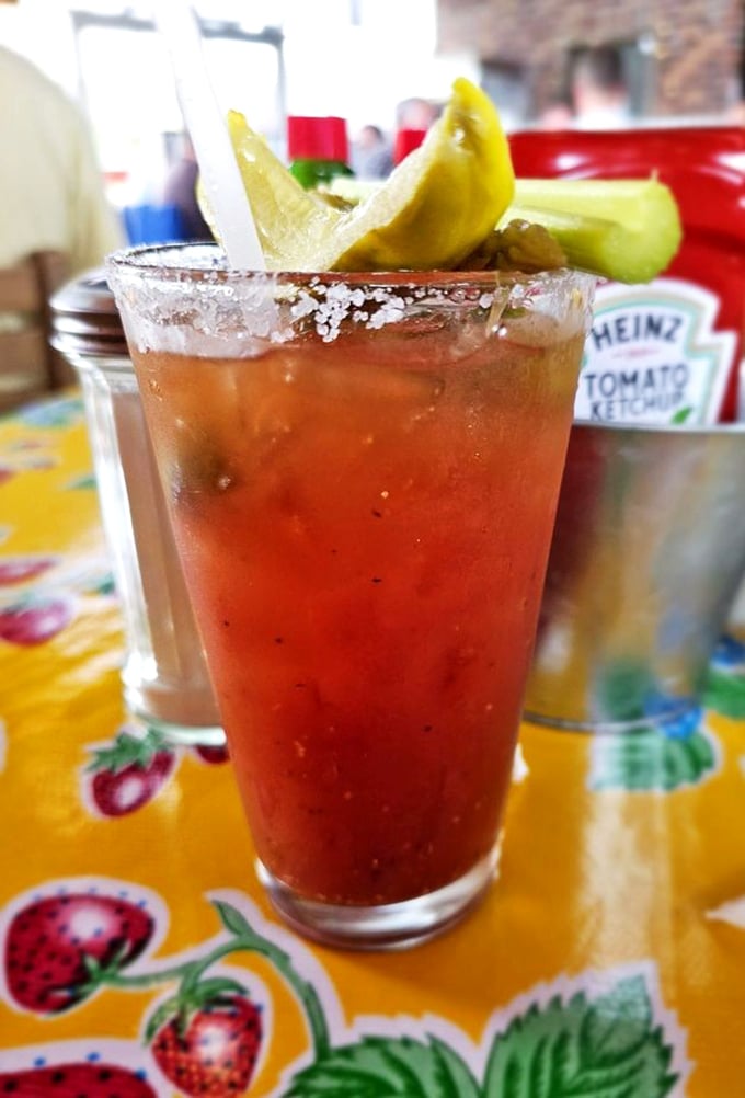 Morning salvation comes in many forms, but few as effective as this Bloody Mary with its garden of garnishes standing guard.