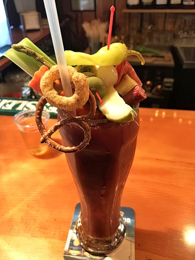 The Bloody Mary that thinks it's a salad bar. Garnished with enough snacks to count as an appetizer—Wisconsin doesn't do anything halfway.