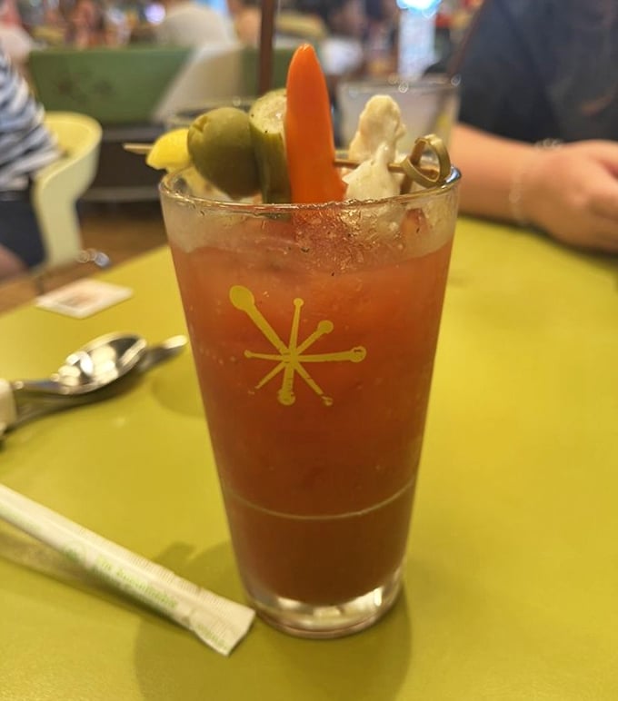 A Bloody Mary with all the fixings—because sometimes breakfast needs a little liquid courage and vegetable garnish parade.